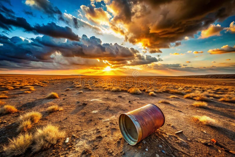 Empty Tin Can Marks the Vastness of a Desolate Landscape a Panoramic ...
