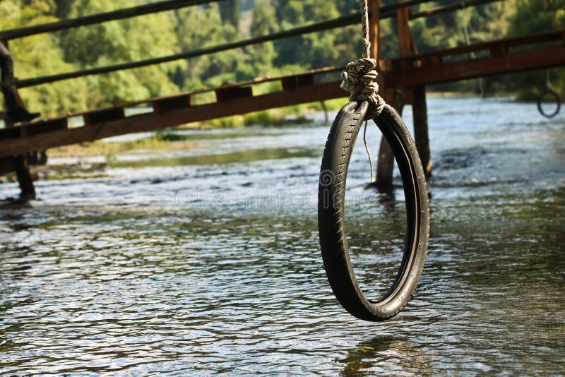 Empty Tire Swing on River Bank Stock Image - Image of swing, stream ...