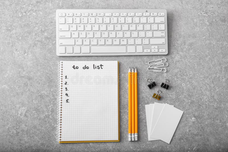 Empty To-do List with Stationery and Computer Keyboard on Grey ...