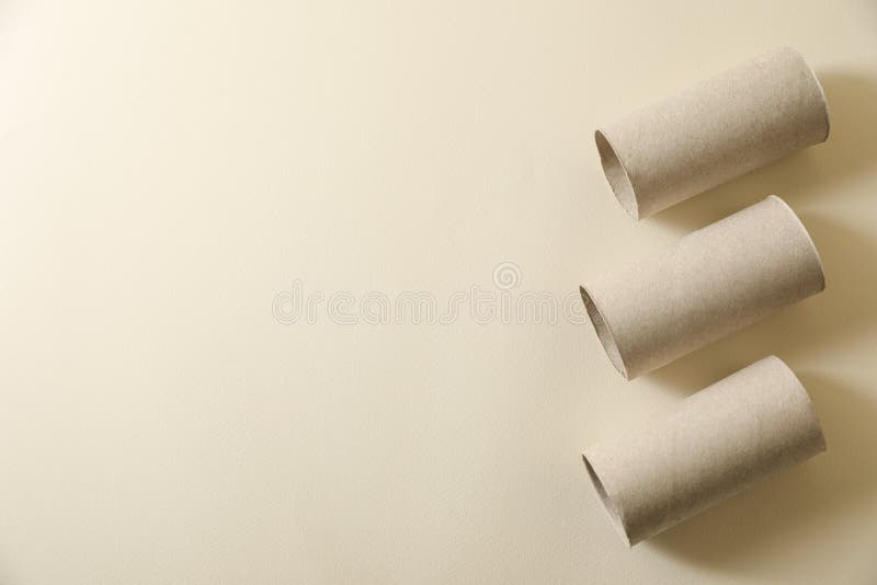 Empty Toilet Paper Rolls on Beige Background Flat Lay. Space for Text ...
