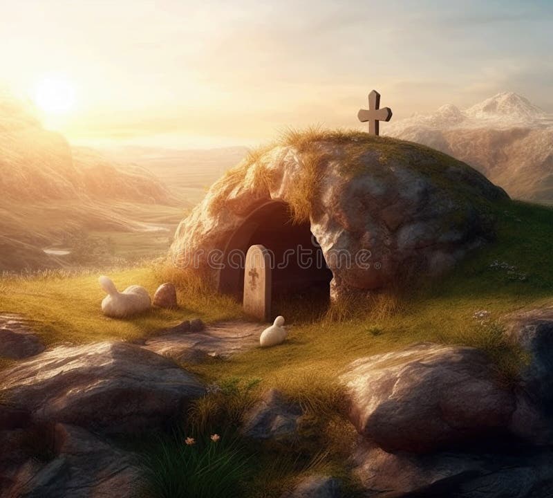 An Empty Tomb with Cross on a Hill at Dawn. Stock Illustration ...
