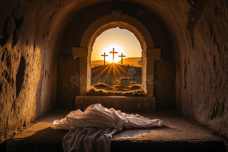 Empty Tomb with Crosses and Sunset Stock Illustration - Illustration of ...