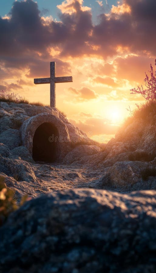 An Empty Tomb at Dawn with a Cross in the Foreground and Gentle ...