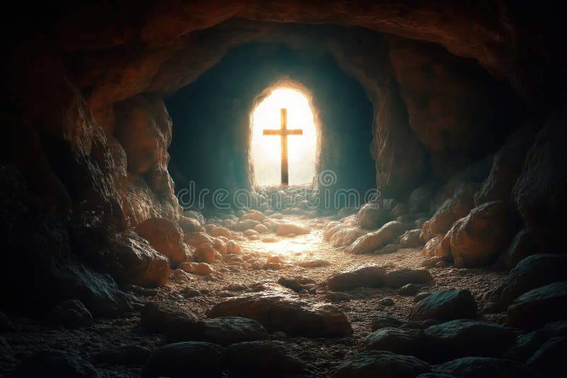 Empty Tomb Scene Inside Cave. Light Shines through Opening. Cross ...