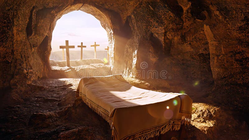 Empty Tomb with Sunlight and Three Crosses Symbolizing Resurrection and ...