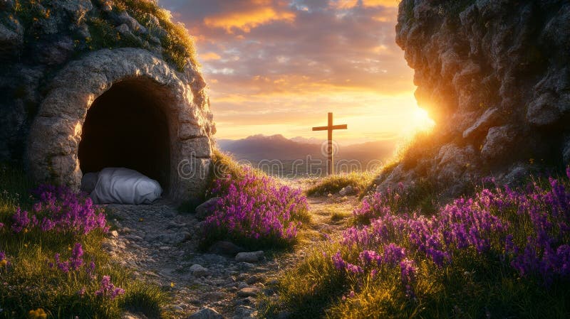 Empty Tomb at Sunrise with Cross and Spring Flowers in Serene Landscape ...