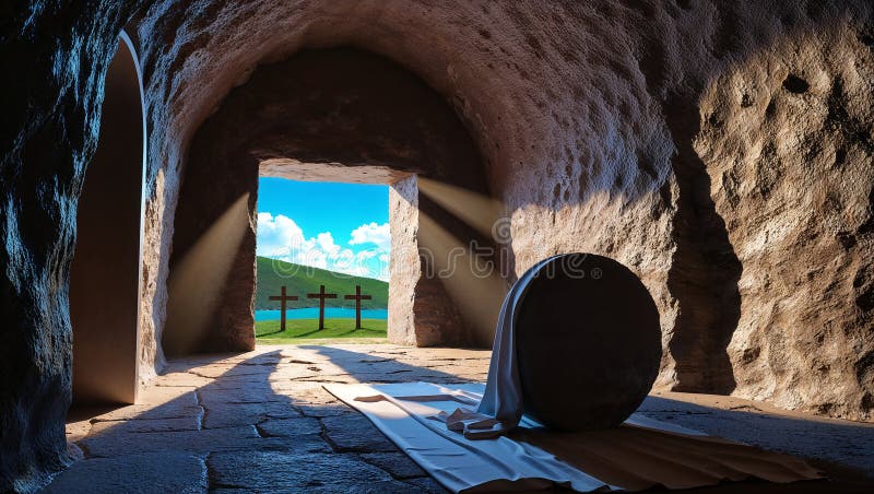 Empty Tomb with Three Crosses and Sunlight Entering Stock Illustration ...