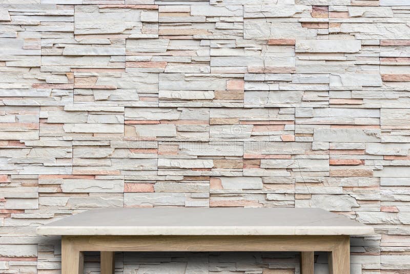 Empty Top of Natural Stone Table and Stone Wall Background Stock Image ...