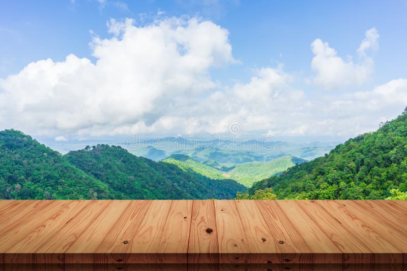 Wood Table with Landscape Natural Background. Stock Image - Image of ...