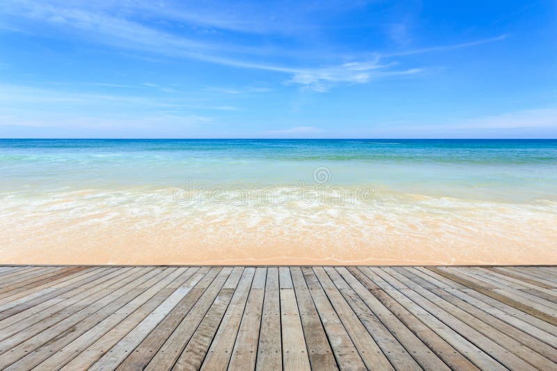 Empty Top of Wooden Decking and View of Tropical Beach Stock Image ...