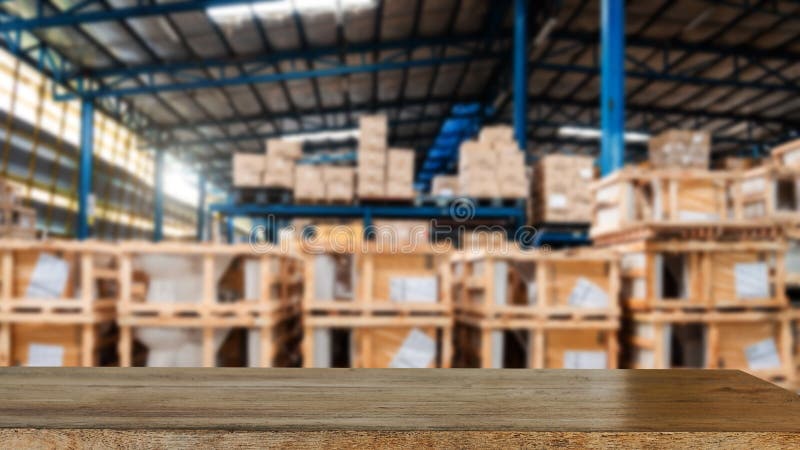 Empty Top of Wooden Shelves on Warehouse Template Background for ...