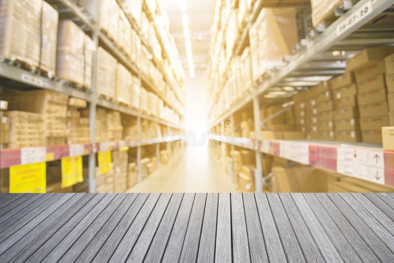 Empty Top of Wooden Table and Blurred Warehouse Stock Image - Image of ...