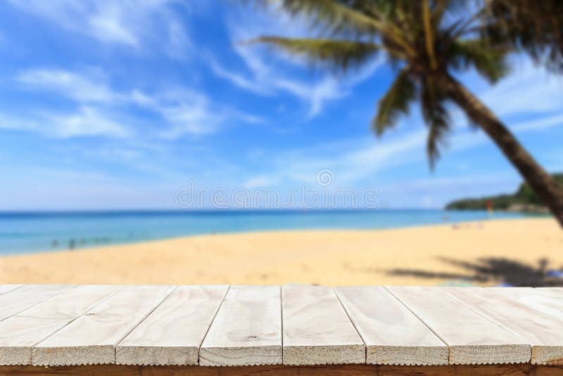 Empty Top of Wooden Table or Counter and View of Tropical Beach Stock ...
