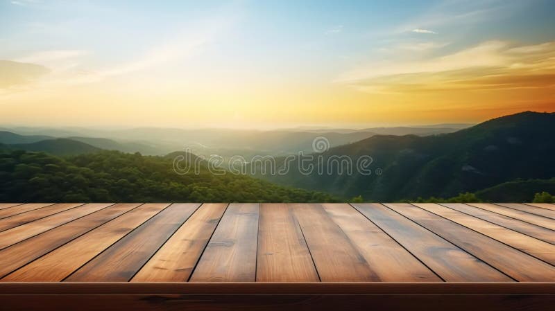 Empty Top of Wooden Table and View of Sunset or Sunrise Background. AI ...