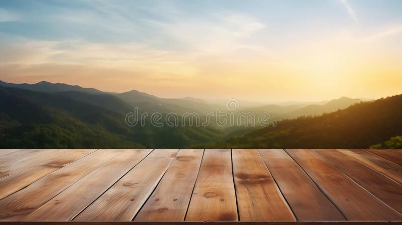 Empty Top of Wooden Table and View of Sunset or Sunrise Background. AI ...