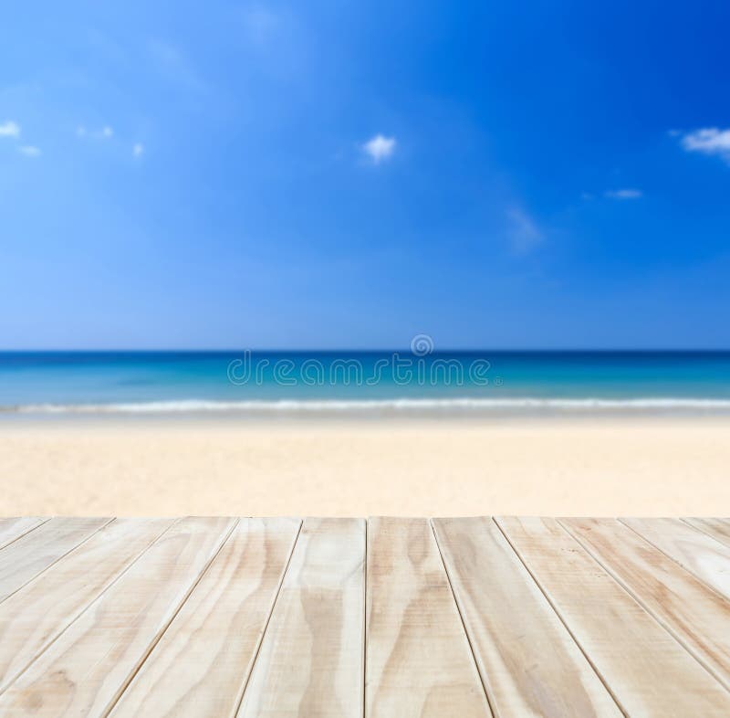Empty Top of Wooden Table and View of Tropical Beach Stock Image ...