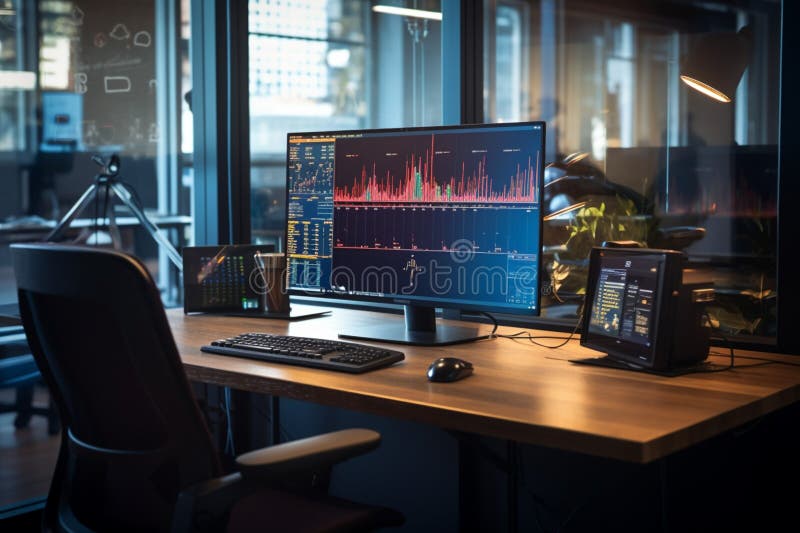 Empty Traders Workplace with a Glass Walled Office, Computer, and ...
