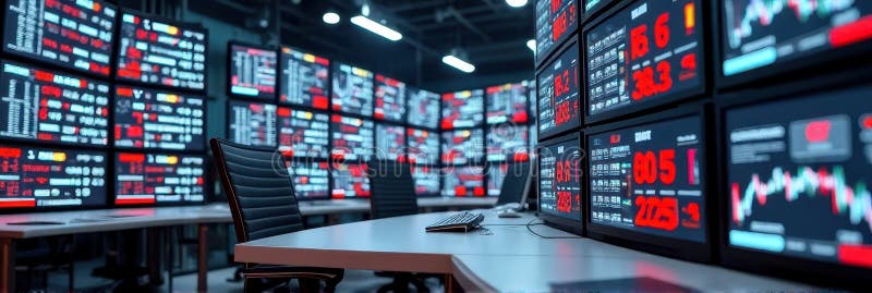 Empty Trading Room with Multiple Screens Displaying Stock Market Data ...