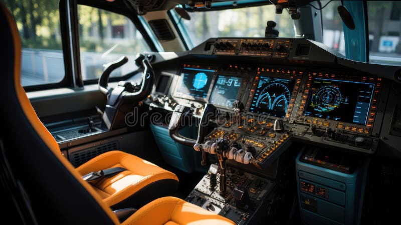 Empty Train Cabin with Advanced Control Panels and Comfortable Seats ...