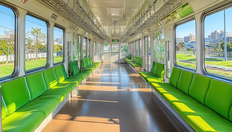 Empty Train Car Featuring Bright Green Seats and Sunlight Streaming in ...