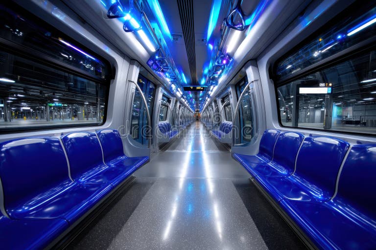 Modern Train Interior with Vibrant Blue Lighting during Off-peak Hours ...