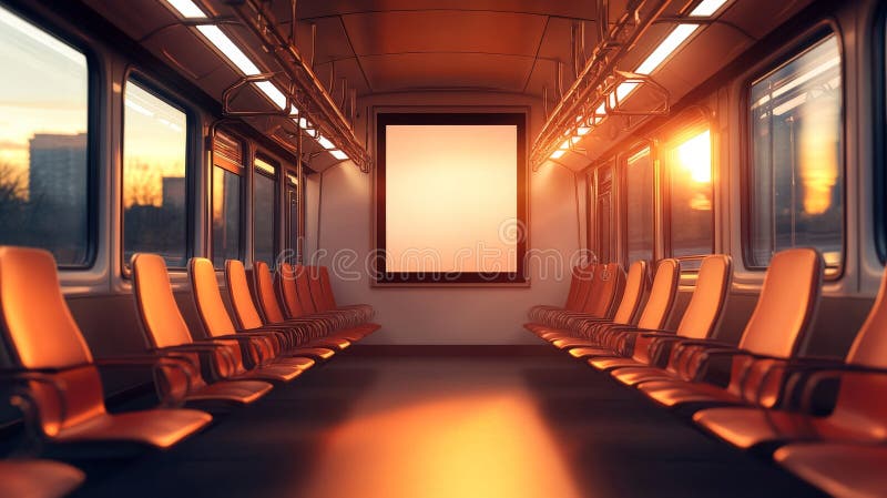 Empty Train Carriage at Sunset with Illuminated Blank Advertisement ...
