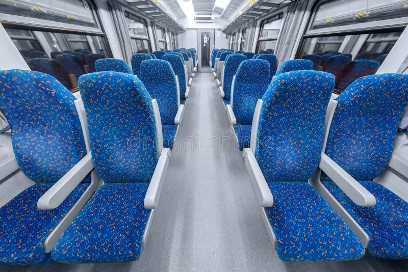 Empty Train Interior with Blue Chairs Stock Photo - Image of class ...