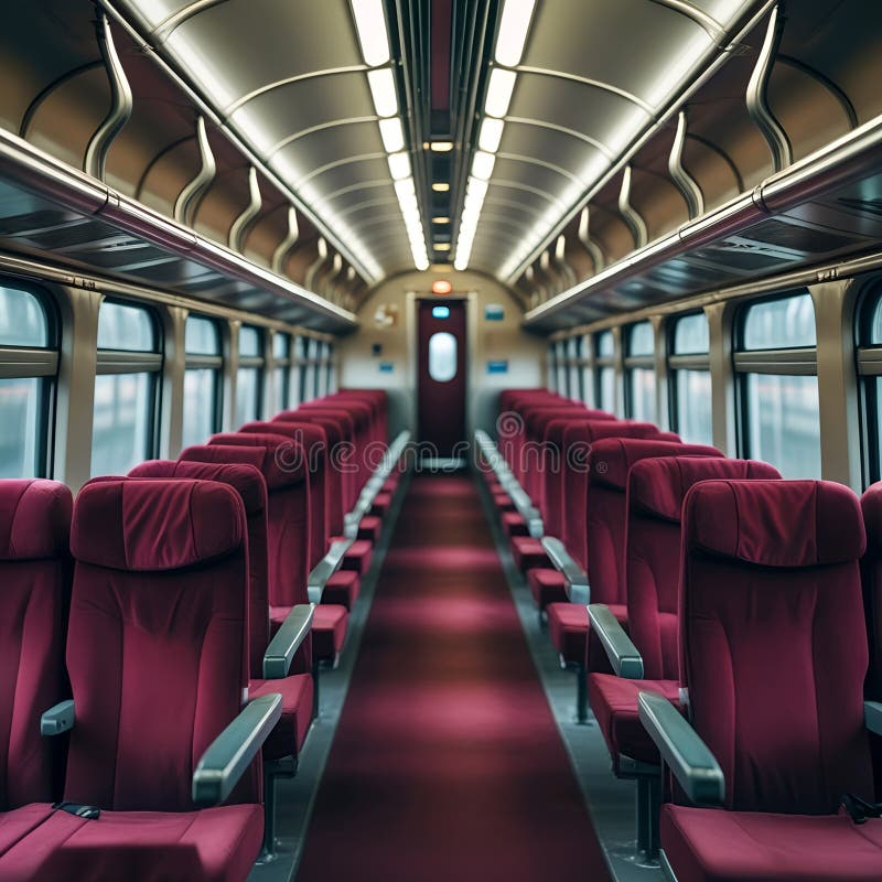 Empty Train Interior with Elegant Burgundy Seating Stock Photo - Image ...