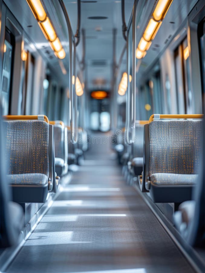 Empty Train Interior with Illuminated Seats and Clean Aisles Stock ...