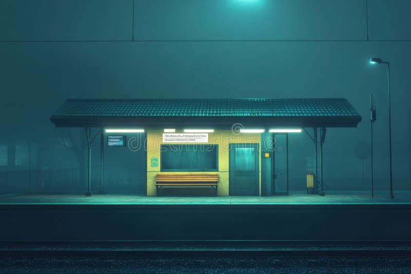 Empty Train Station Platform Illuminated by Soft Lights in a Foggy ...