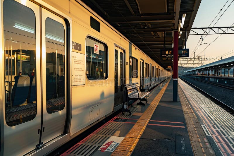 Empty Train Station Platform with Modern Train Waiting at Sunset Time ...