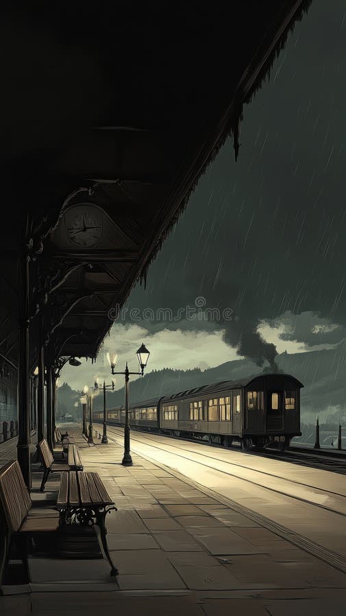 Empty Train Station Platform at Night with Ghostly Train Arrival and ...