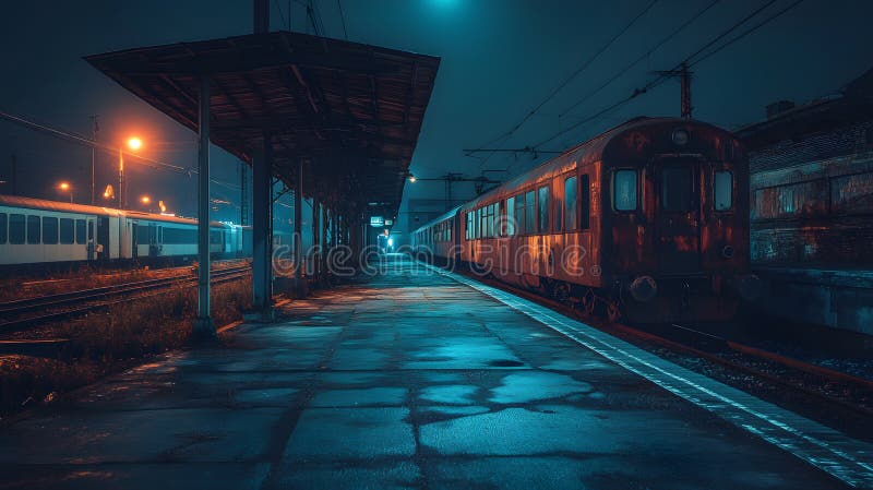 An Empty Train Station Platform at Night, a Train is Parked with Its ...