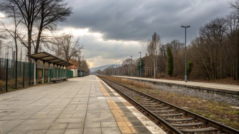 Empty Train Station Platform on Overcast Day in Rural Countryside Stock ...