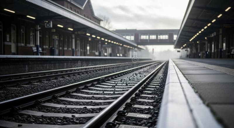 Empty Train Station Platform and Railway Tracks Stretching into the ...