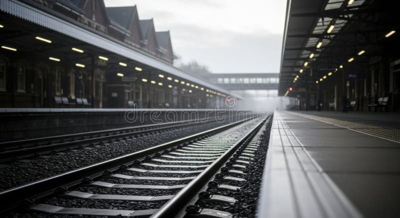 Empty Train Station Platform with Railway Tracks Stretching into the ...