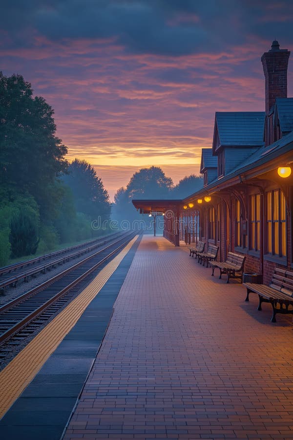 Empty Train Station Platform at Sunrise with Dramatic Sky Stock Illustration - Illustration of ...