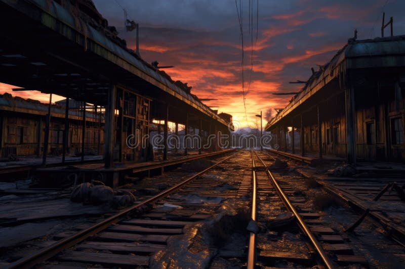 Empty Train Station with Rusted Tracks at Dusk Stock Image - Image of ...