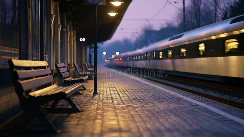 Empty Train Station at Twilight with a Moving Train in the Distance ...
