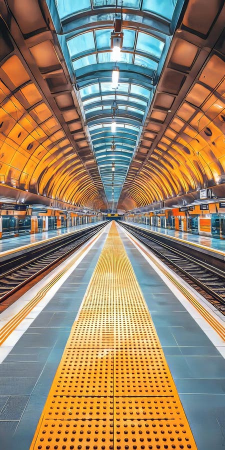 Empty Train Station with Yellow Platform and Curved Ceiling Structure ...