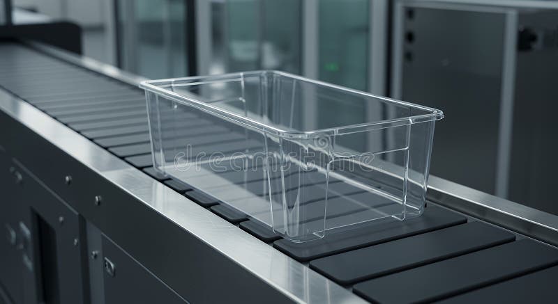 Empty Transparent Plastic Bin on Conveyor Belt at Security Checkpoint ...