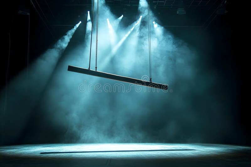 Empty Trapeze Swing Hanging Under Dramatic Stage Lights with Smoke ...