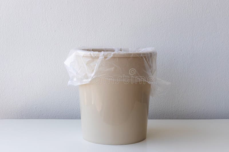 Empty Trash Container or Bin with White Plastic Bag Stock Photo - Image ...