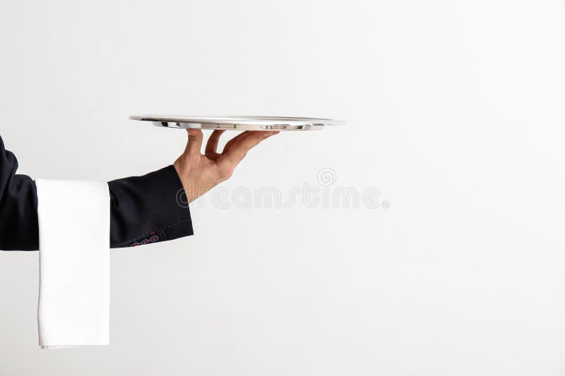 Hand of Waiter with Empty Tray on Light Background Stock Image - Image ...