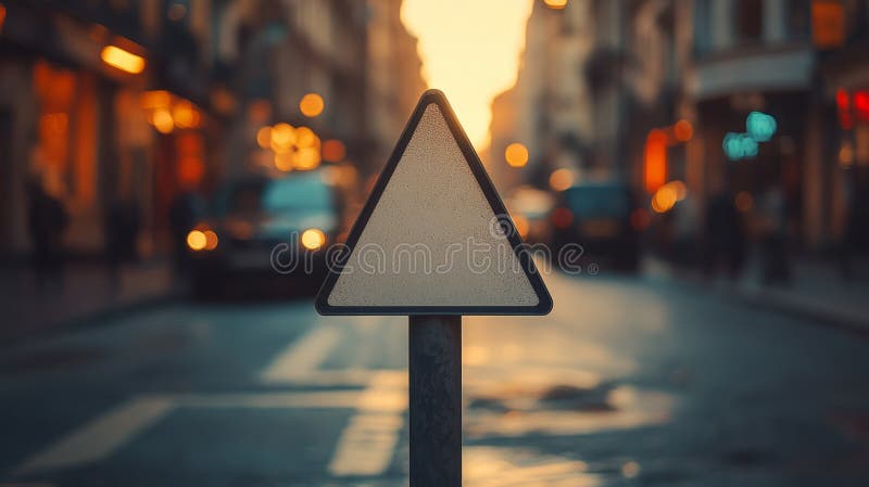 Empty Triangular Traffic Sign on a City Street at Sunset. Stock Photo ...