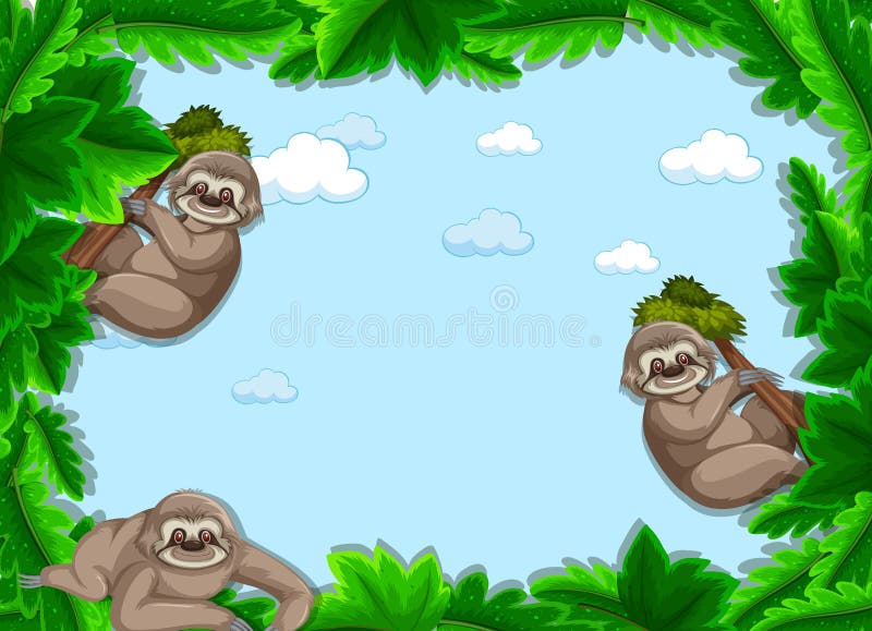 Empty Tropical Leaves Frame Banner with Sloth Cartoon Character Stock ...