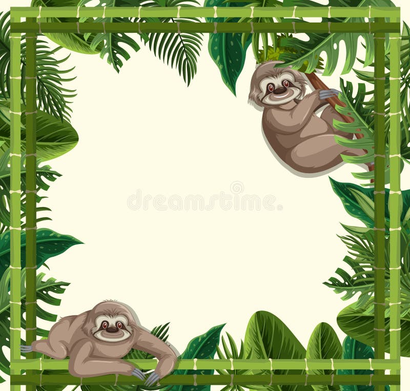 Empty Tropical Leaves Frame Banner with Sloth Cartoon Character Stock ...