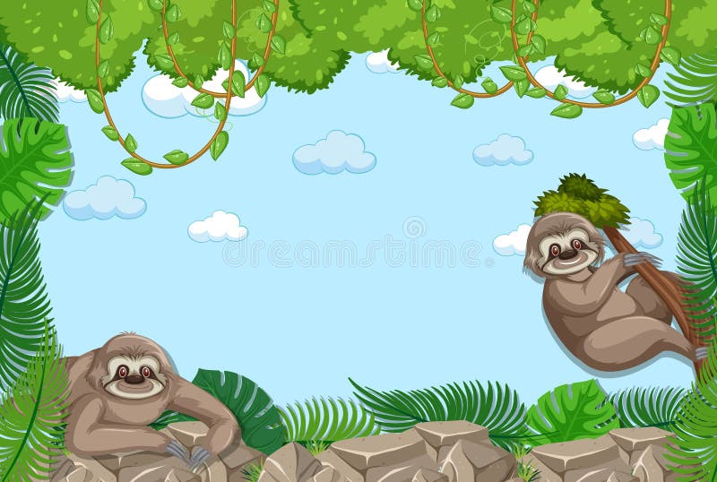Empty Tropical Leaves Frame Banner with Sloth Cartoon Character Stock ...