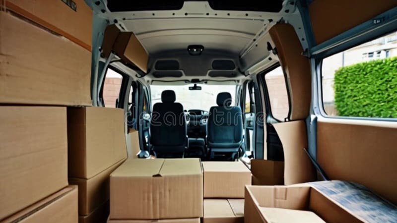 Empty Trucking Van in Living Room, Relocation and Cardboard Boxes Stock ...