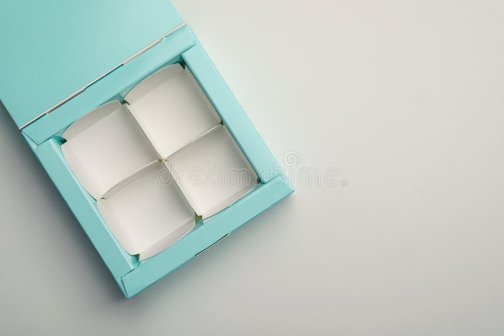 Empty Turquoise Candy Box on Light Grey Background, Top View. Space for ...